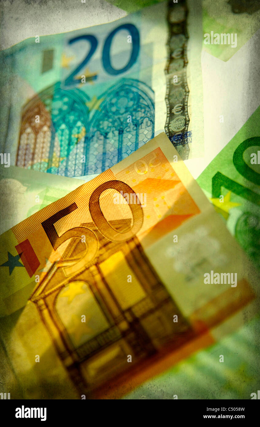 Colorful display of euros banknotes showcasing different denominations ...