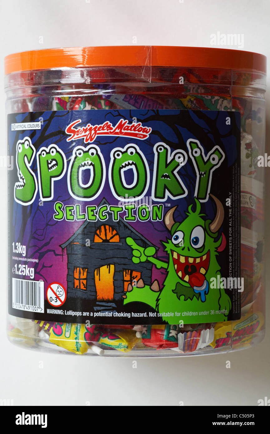 Tub of Swizzels Matlow Spooky selection for halloween treats isolated ...