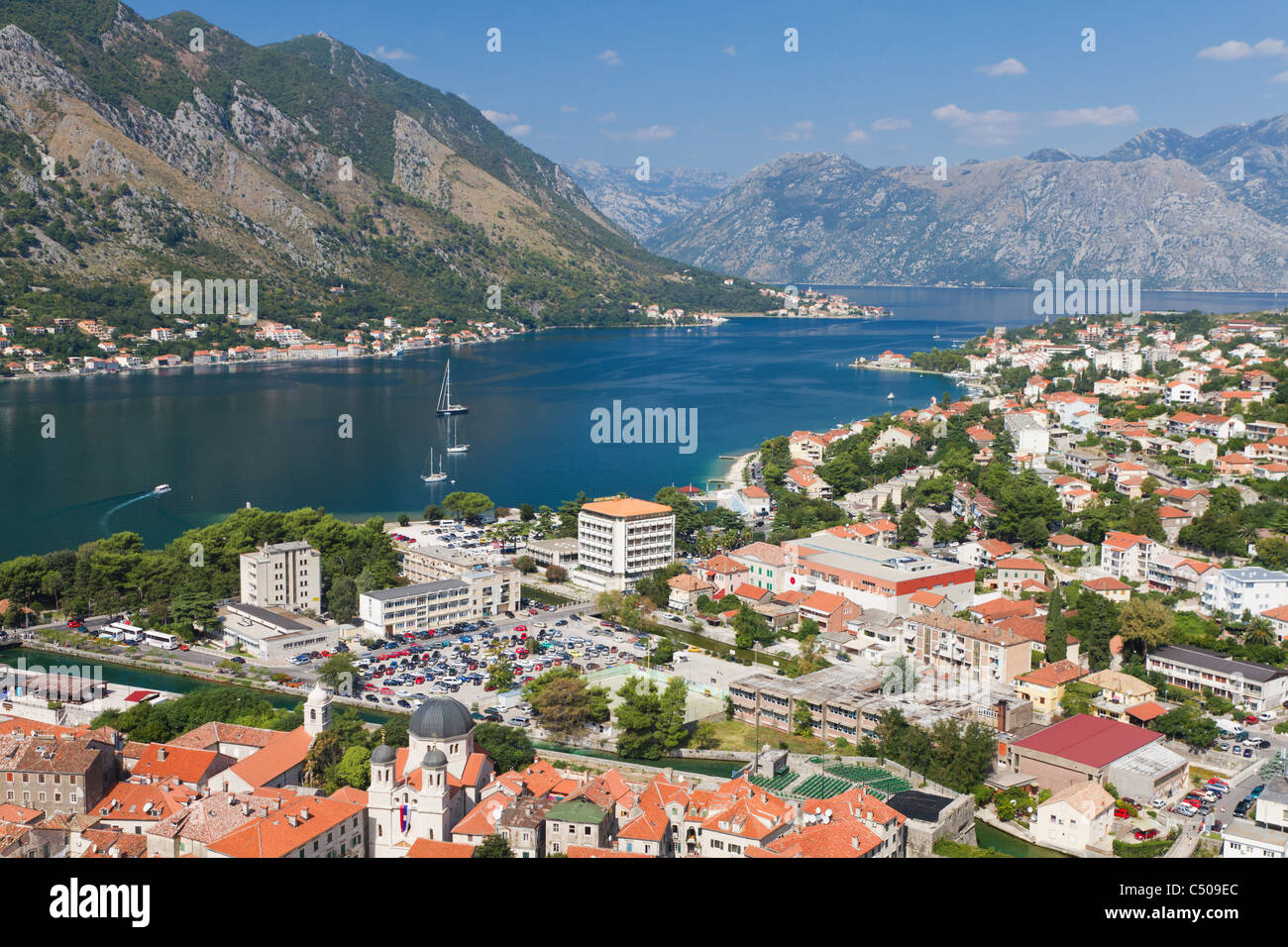 Historic town of Kotor in UNESCO World Heritage Site bay of Kotor with ...