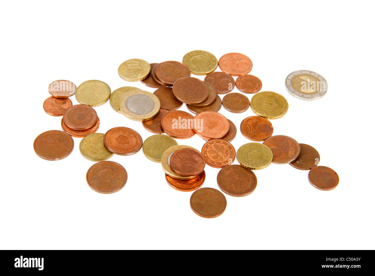 Copper and silver Euro coins on white background Stock Photo - Alamy
