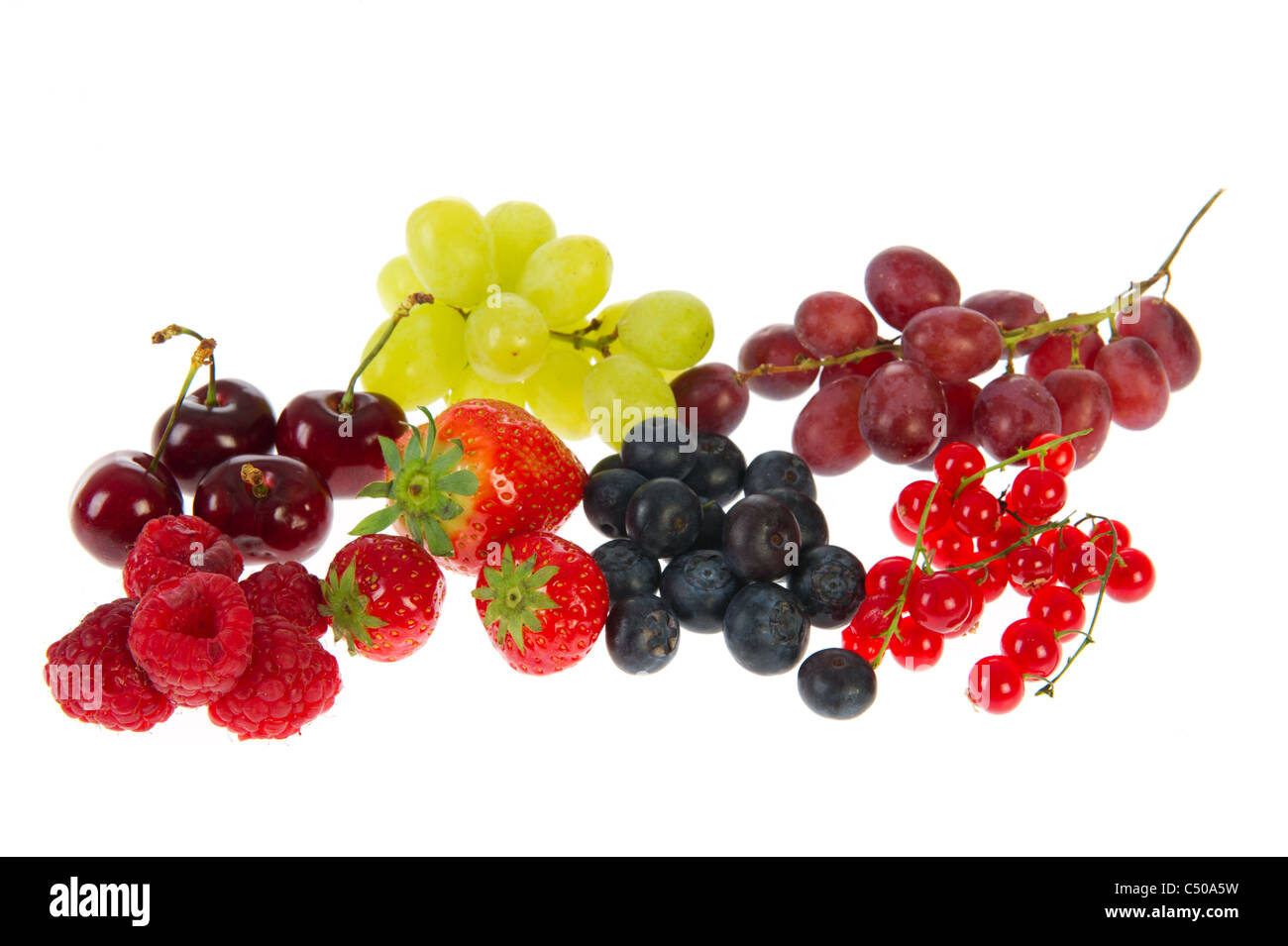 Various fresh summer fruit as cherries grapes and raspberries Stock ...