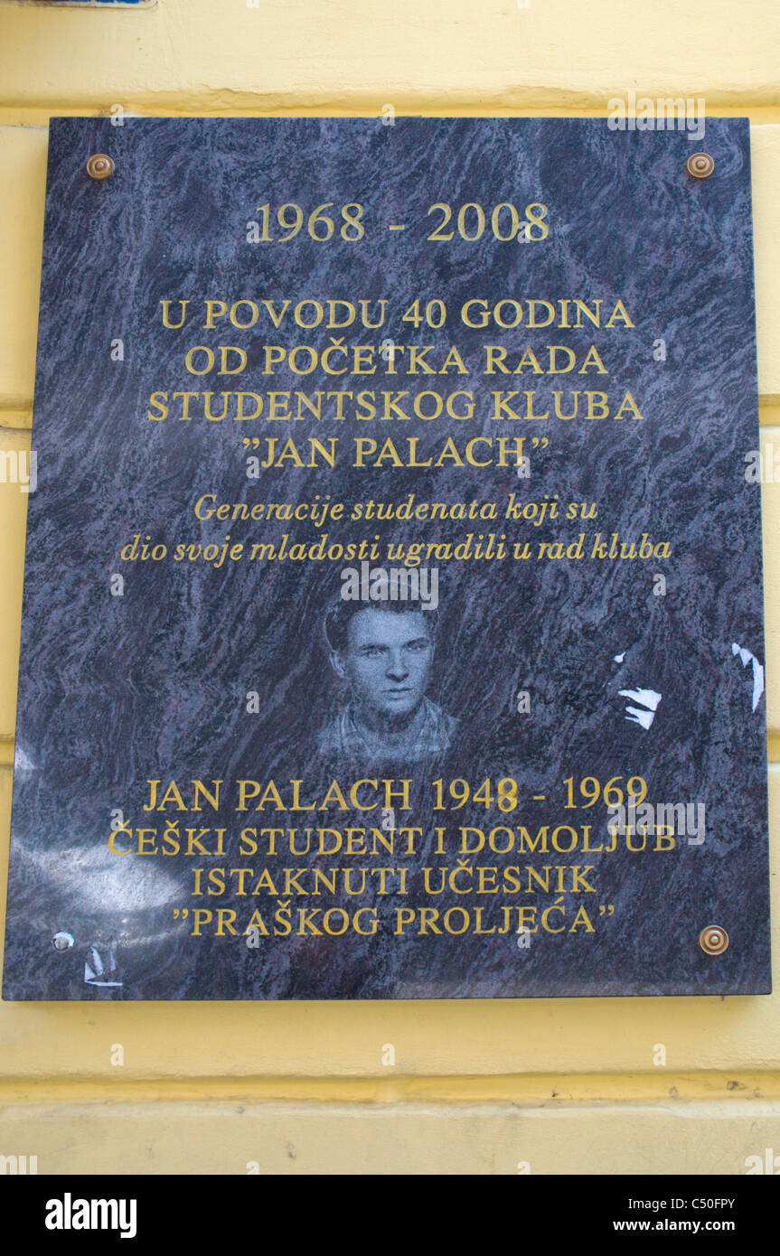 Plaque commemorating Jan Palach who burnt himself to death in Prague in ...