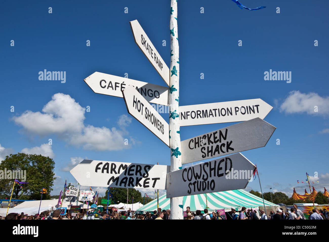 Sign posts, Glastonbury Festival, Somerset, England, United Kingdom ...