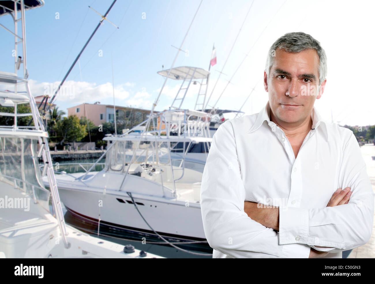 expertise captain of fisherman boat in caribbean tropical marina Stock ...