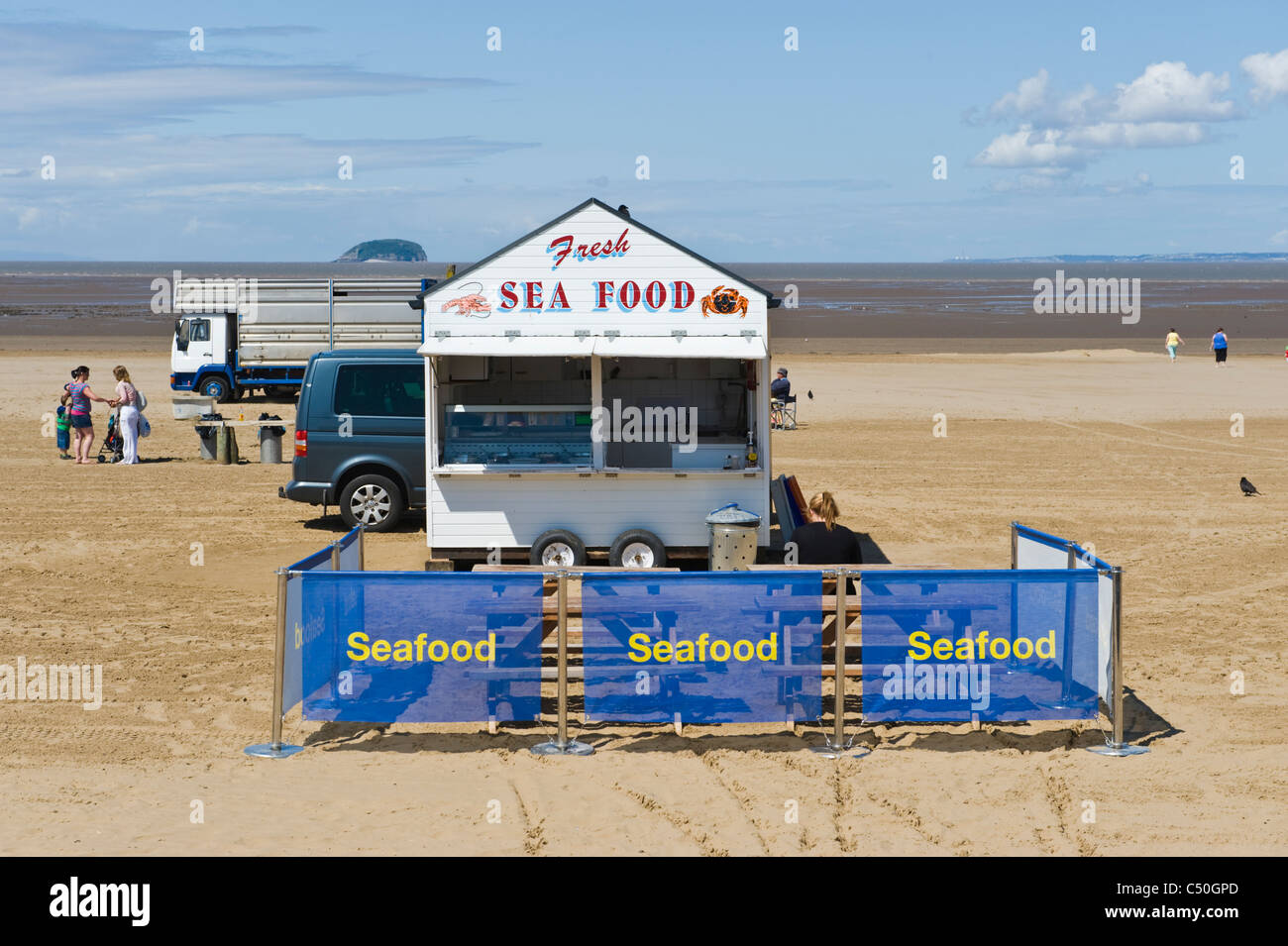 Seafood stall on the sand beach at Weston Super Mare Somerset England ...