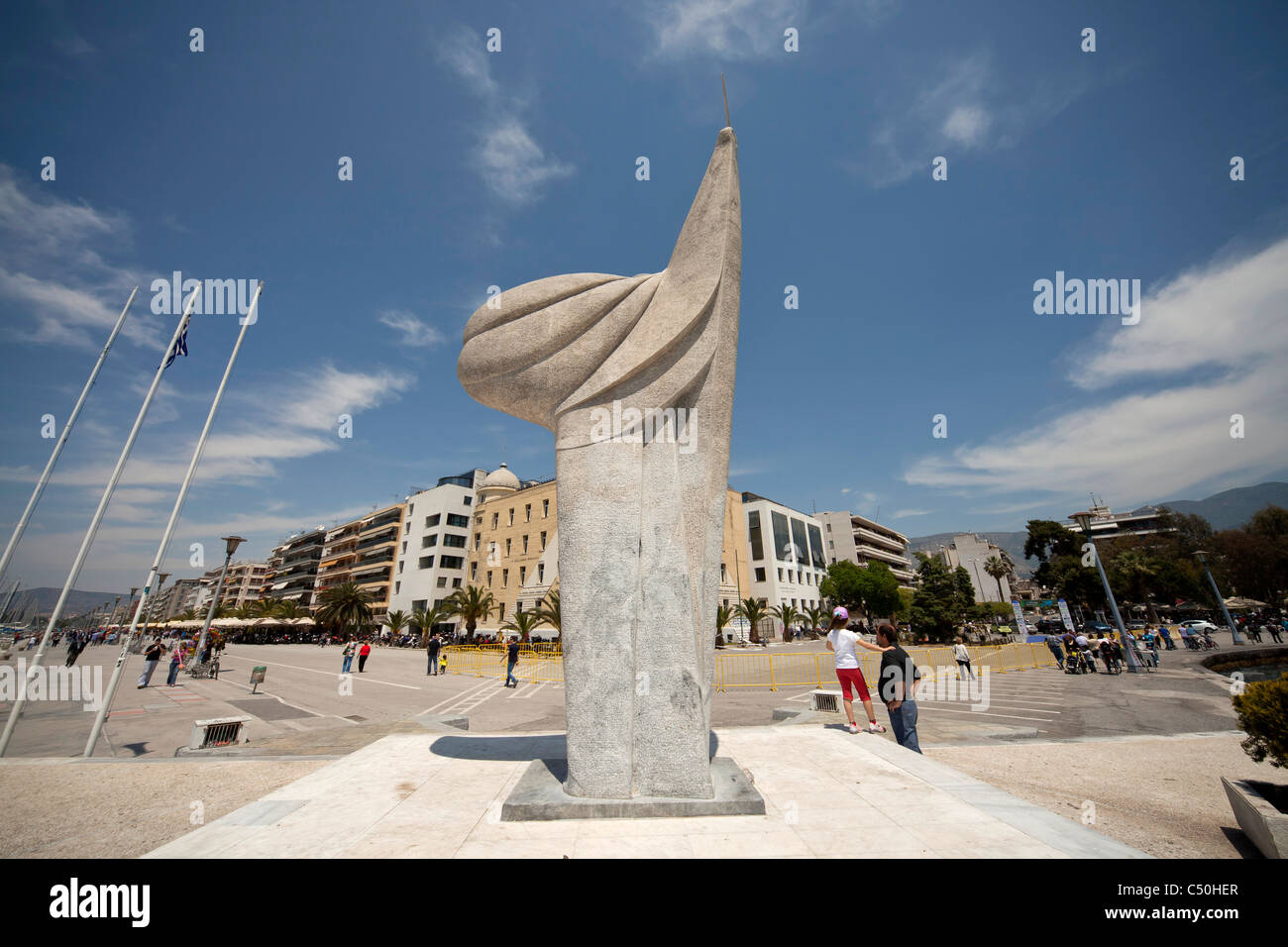 monument at the marina of the coastal port city Volos in Thessaly on ...