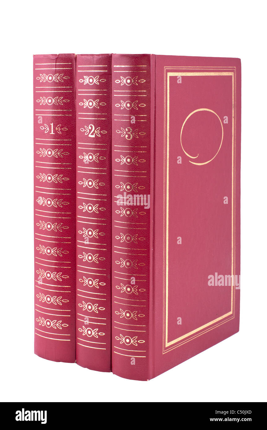 Vertical stack of three red books isolated over white background ...