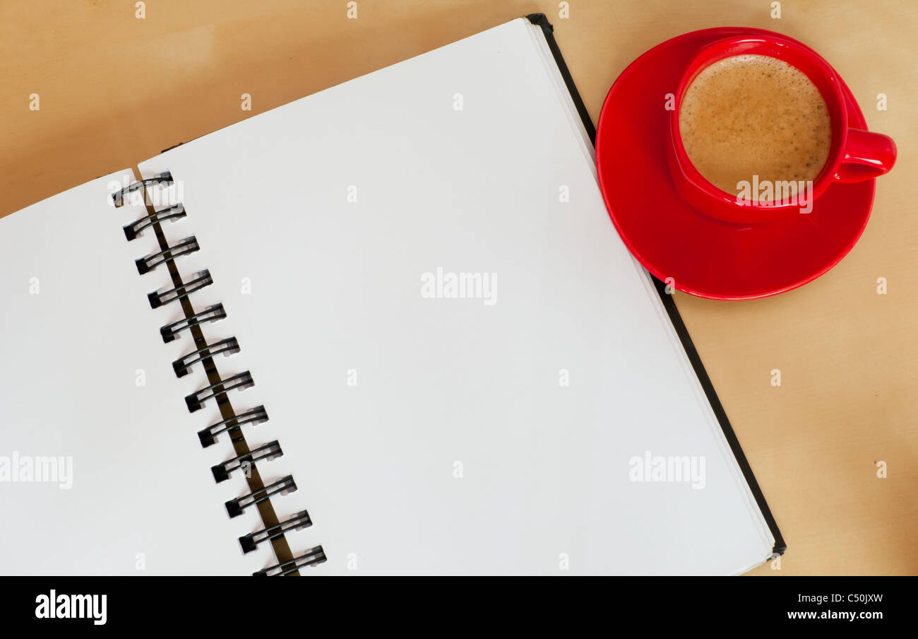 Espresso Coffee and Blank Paper Notebook on Wooden Table Stock Photo ...