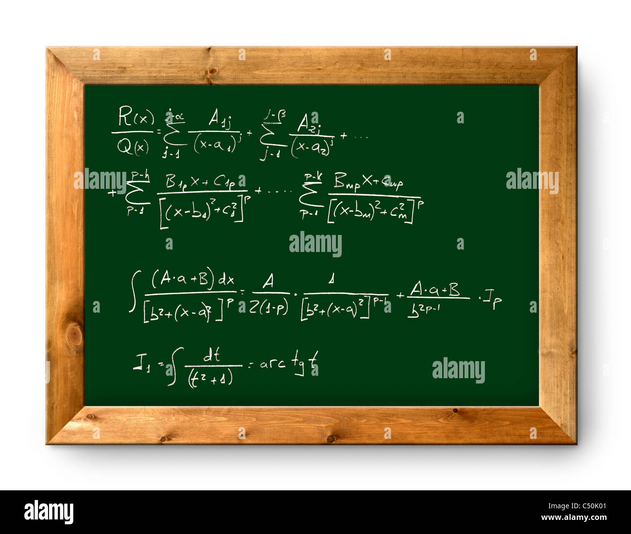 green blackboard with written difficult mathematical integral formula ...