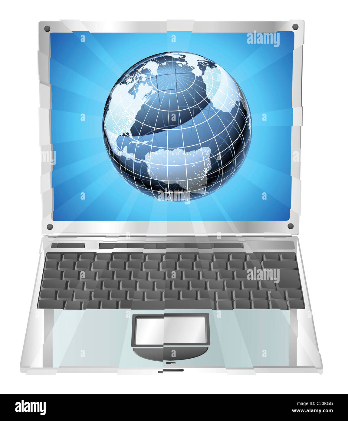 Internet concept illustration. Laptop with illuminated globe flying out ...