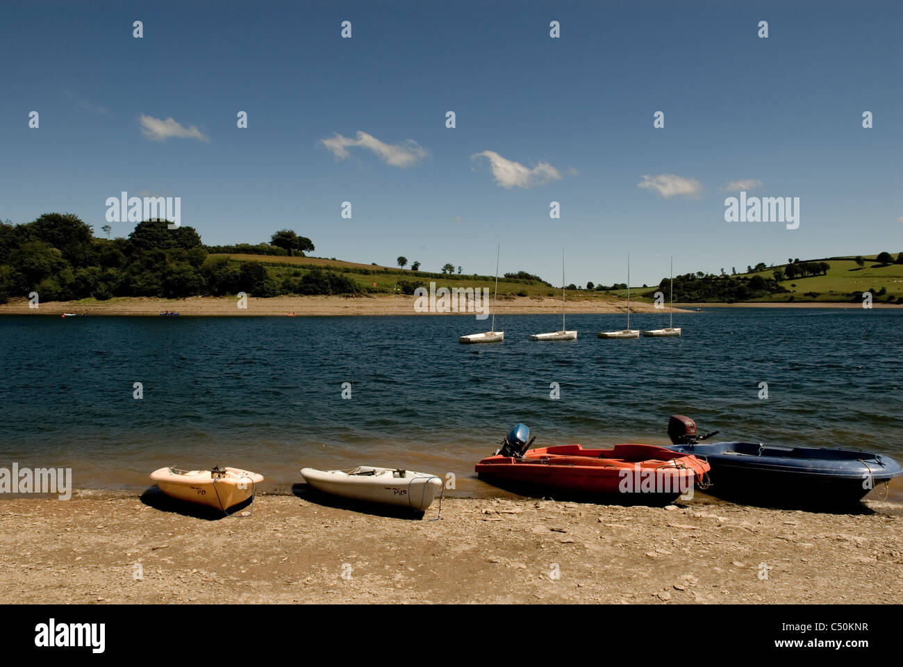 Moored boats, Wimbleball Lake, Exmoor, Somerset, England UK Stock Photo ...