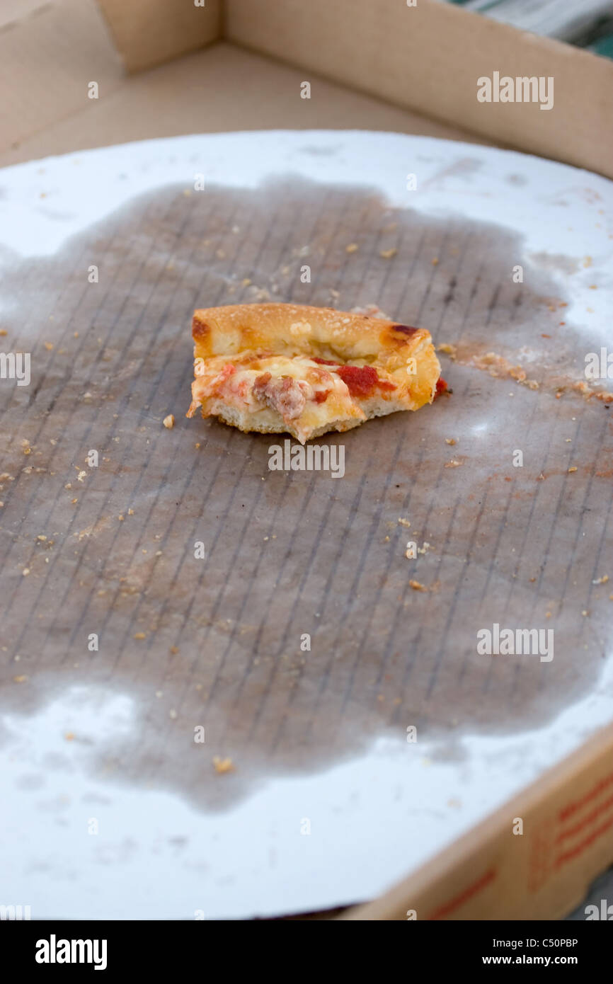 An empty pizza box with one scrap of a piece remaining in the greased ...