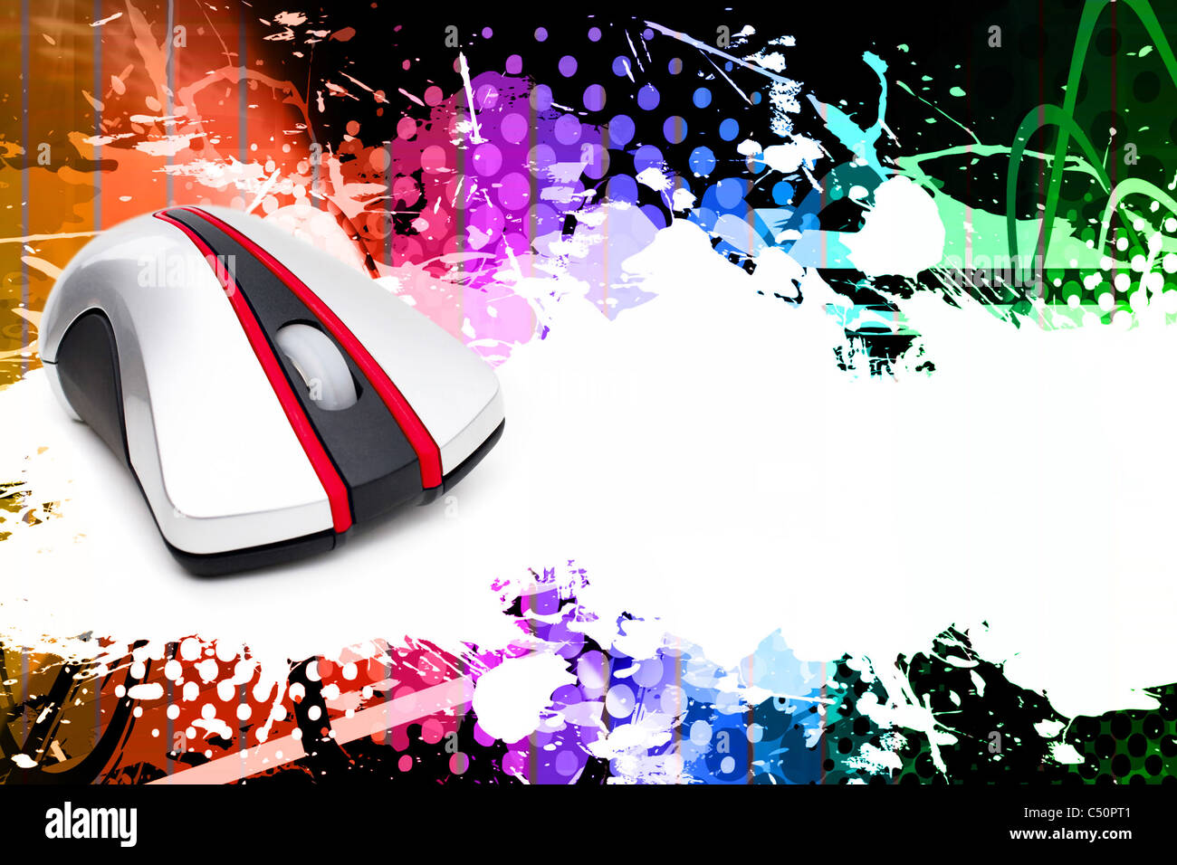 A funky and rainbow colored splatter layout with a computer mouse and ...