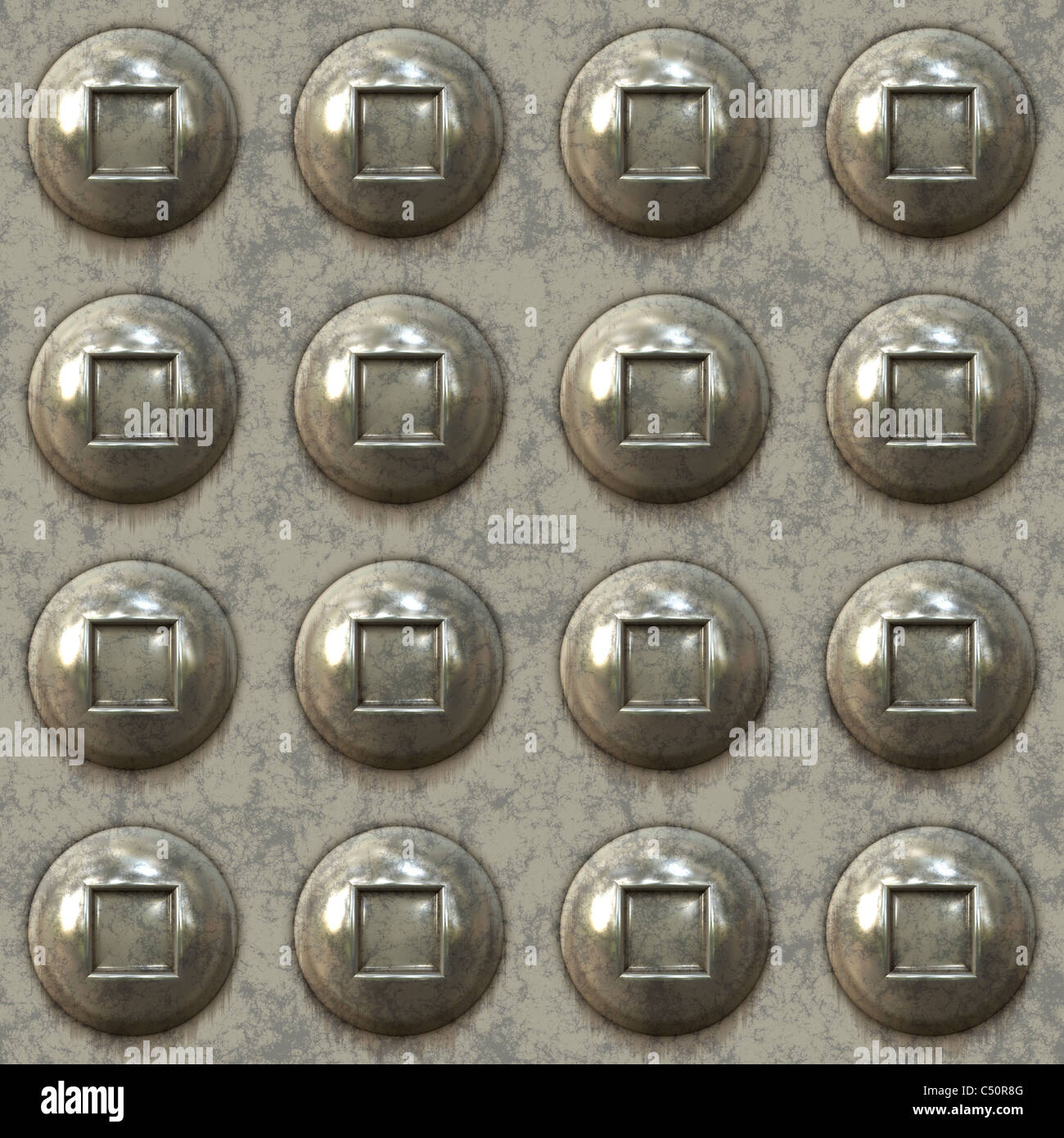 A seamless 3D illustration of some metal rivets in rows. This image ...