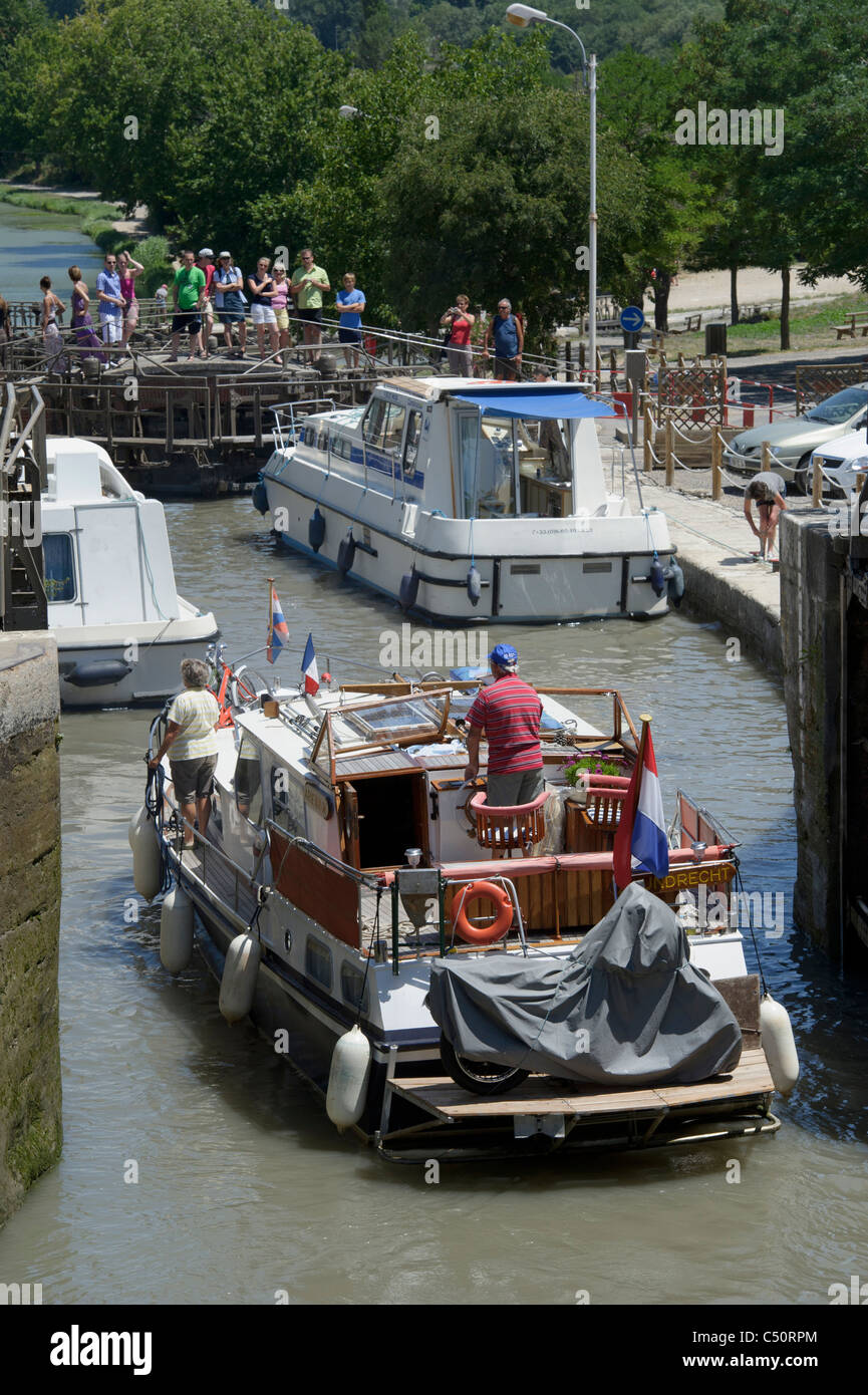 Canal barges passing through the famous sept ecluses (seven locks) de ...