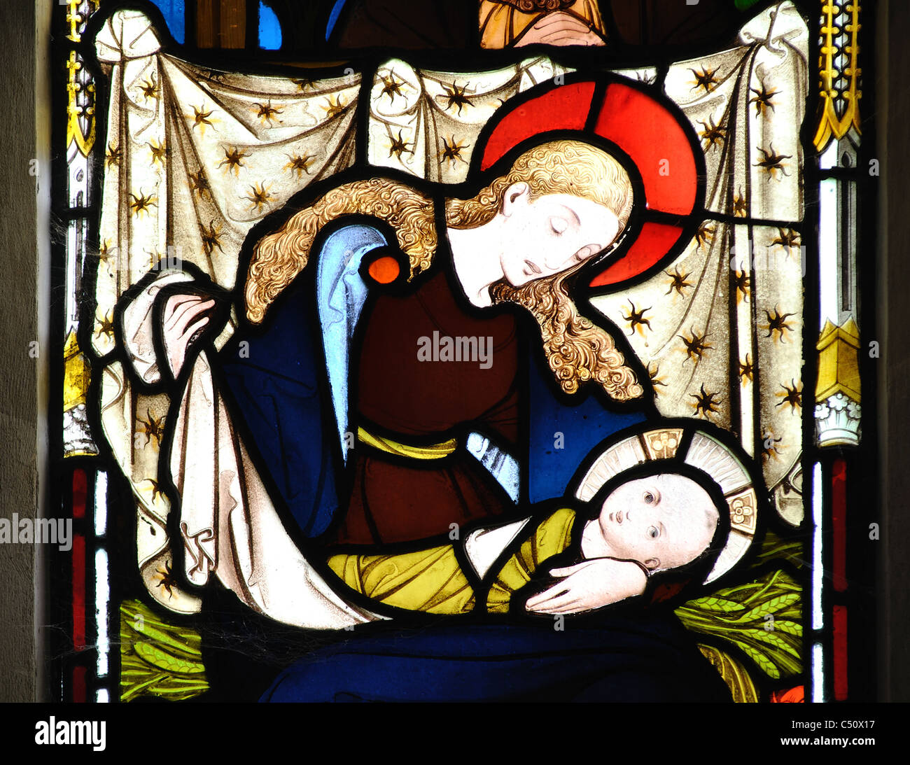 Detail of Nativity stained glass in East Window, St. Andrew`s Church ...