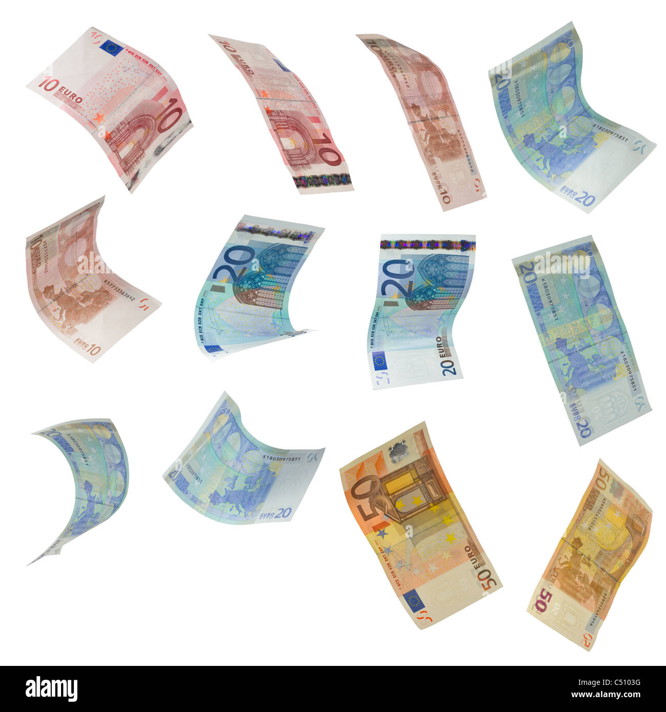 euro notes isolated on white not overlapping easy to rearange as you ...