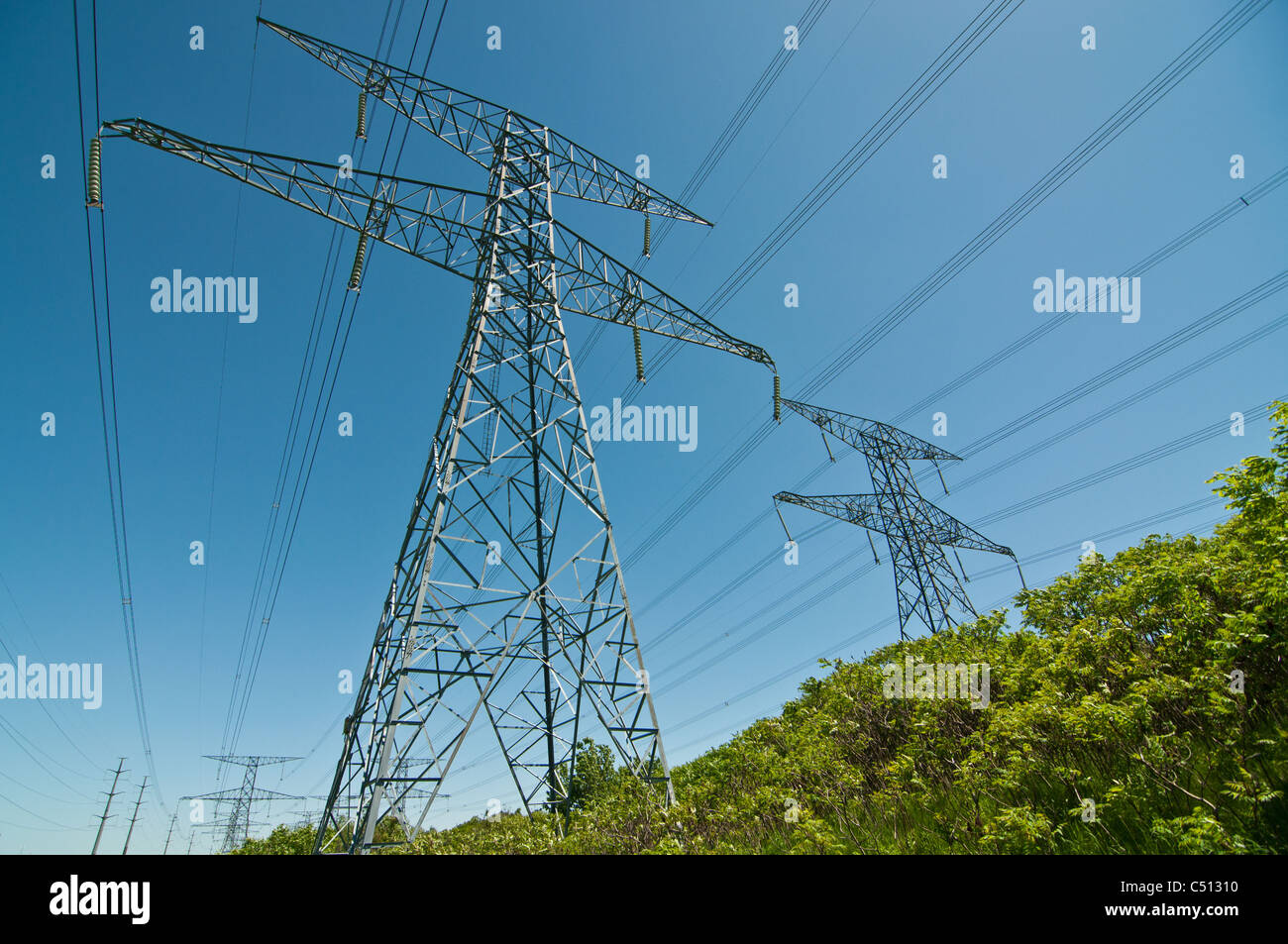 A long line of electrical transmission towers carrying high voltage ...