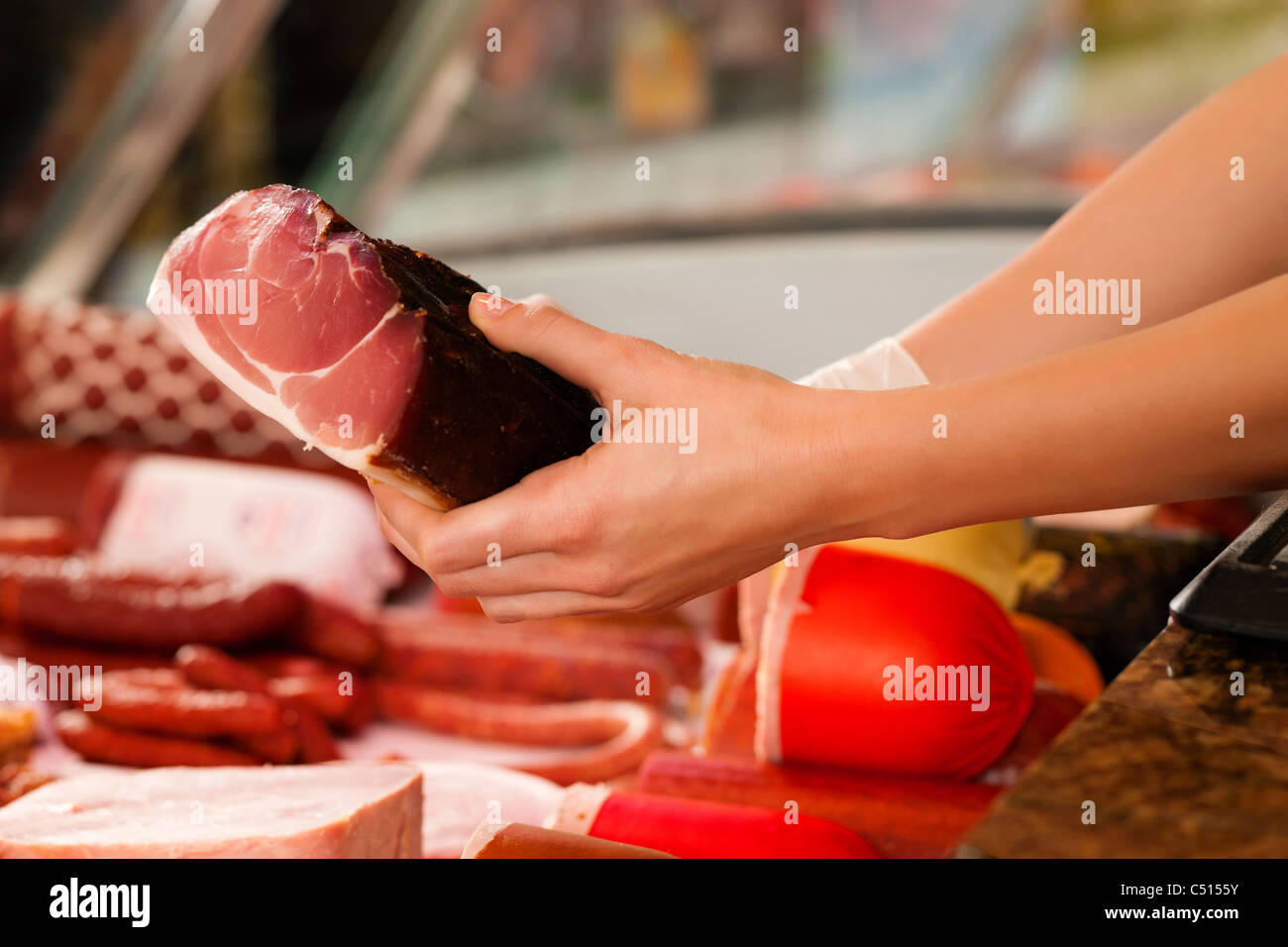 Display in a butcher’s shop - variety of bacon Stock Photo - Alamy