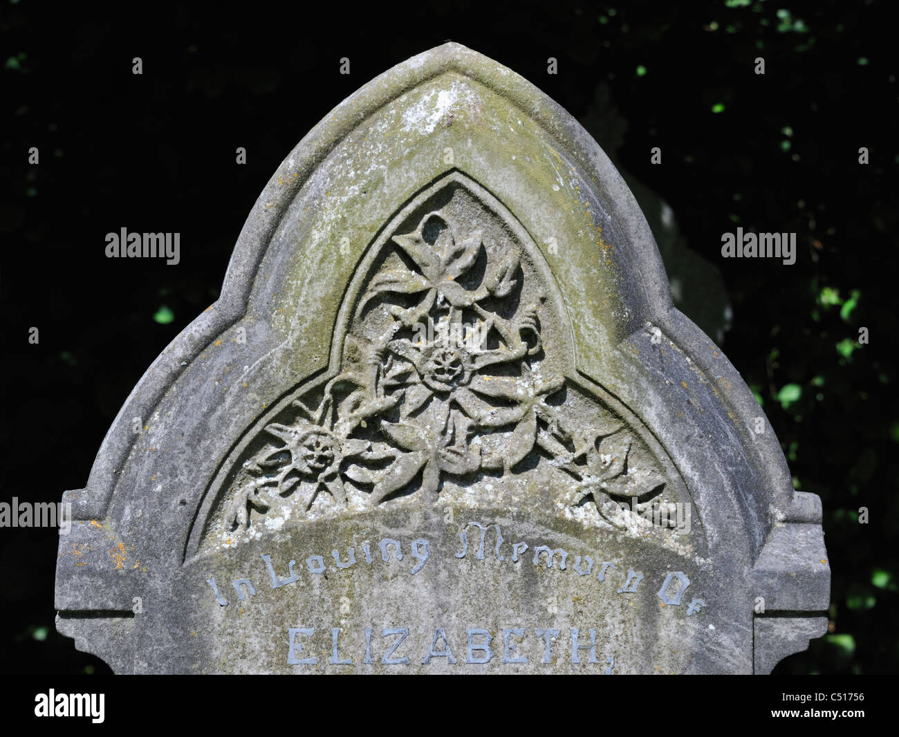 Detail of gravestone with floral design. Church of Saint Michael ...