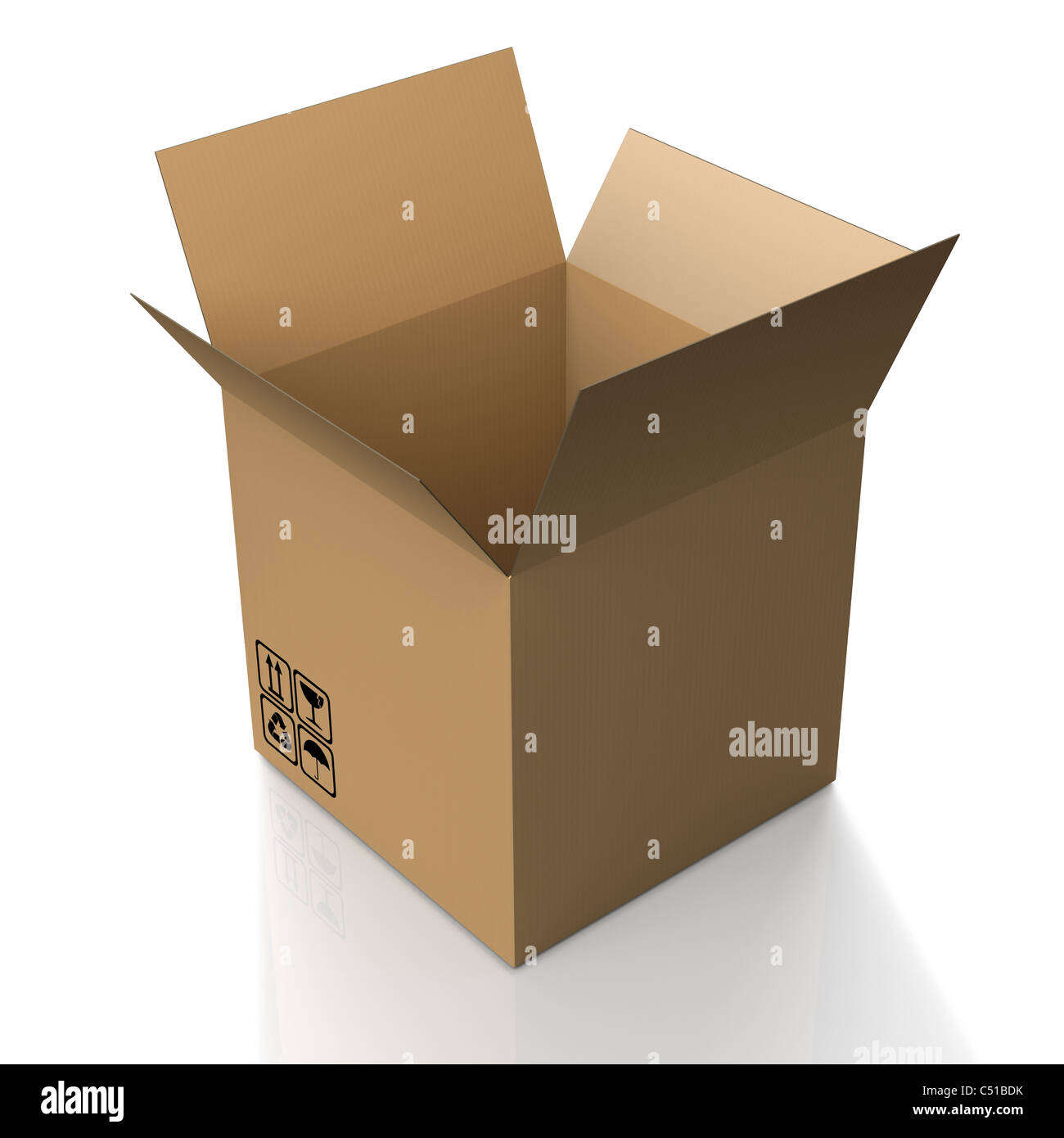 Single open cardboard box with transport symbols Stock Photo - Alamy