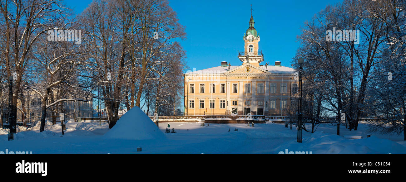 Scandinavia Finland Pori town hall in snow scenic. Snow covered tree ...