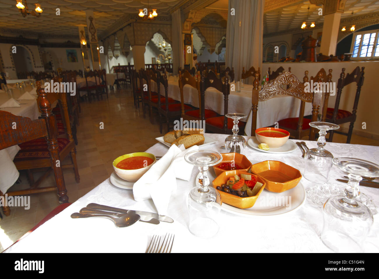 Africa, Tunisia, Kairouan, Restaurant Errachid, Dining Table Setting ...