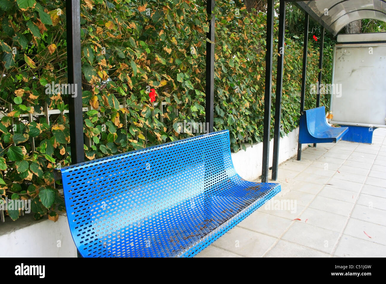 Blue benches in bus station in Limassol, Cyprus Stock Photo - Alamy