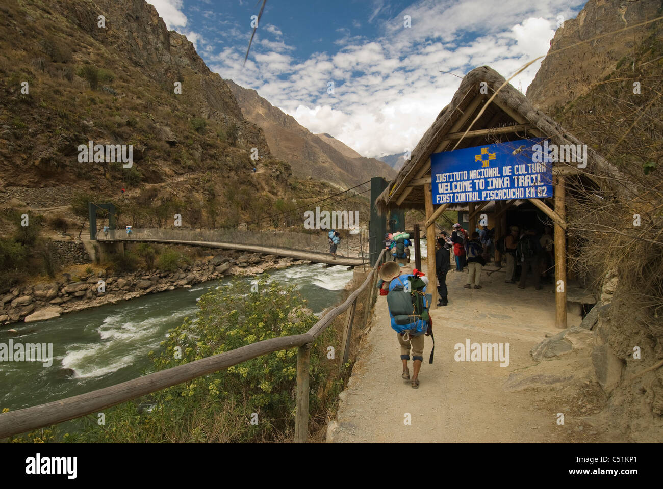 Entrance gate to the Inca Trail at km 82 along the Urubamba River Peru ...
