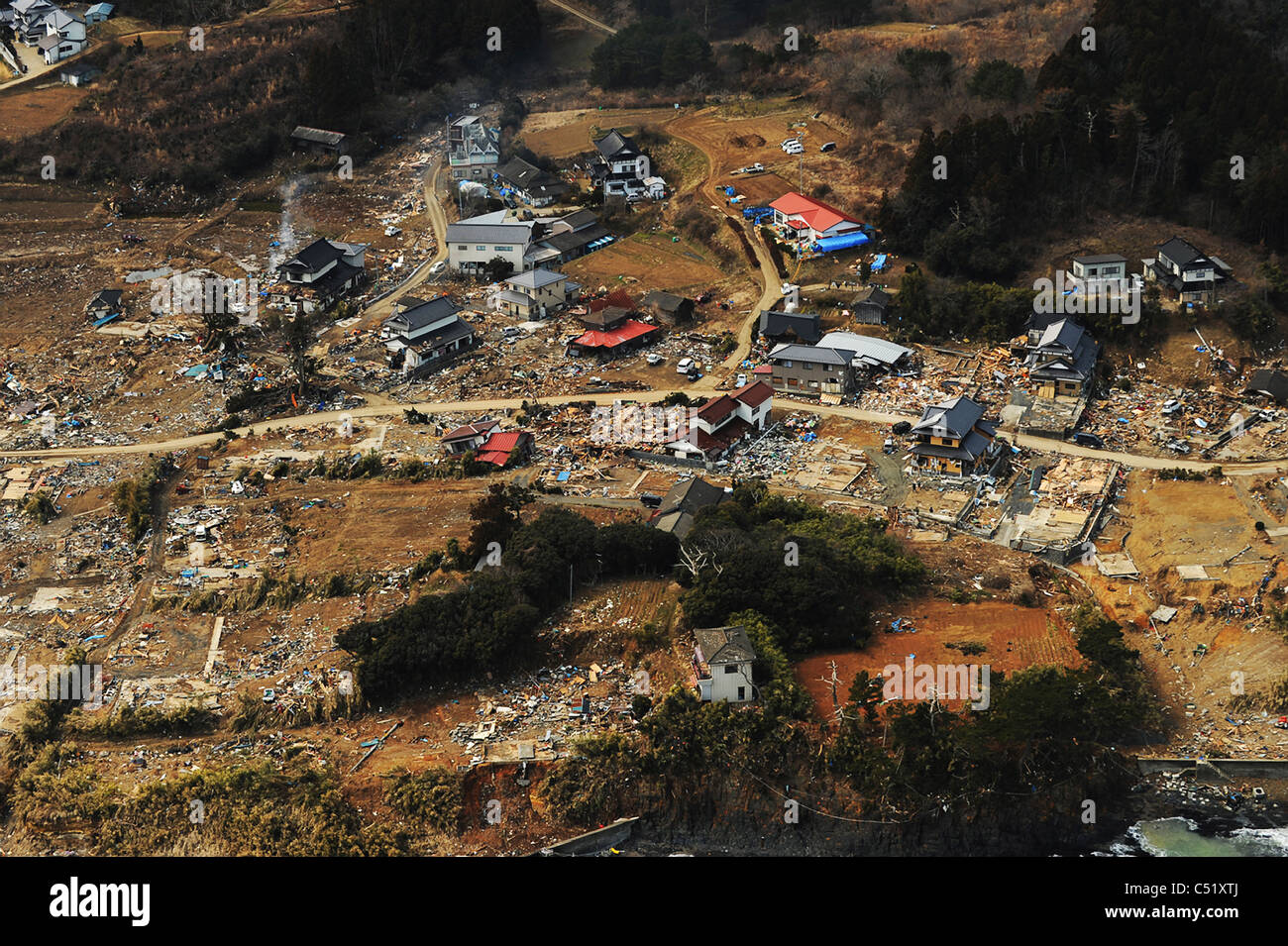 Aerial view of the devastated along the north eastern coast of Japan ...