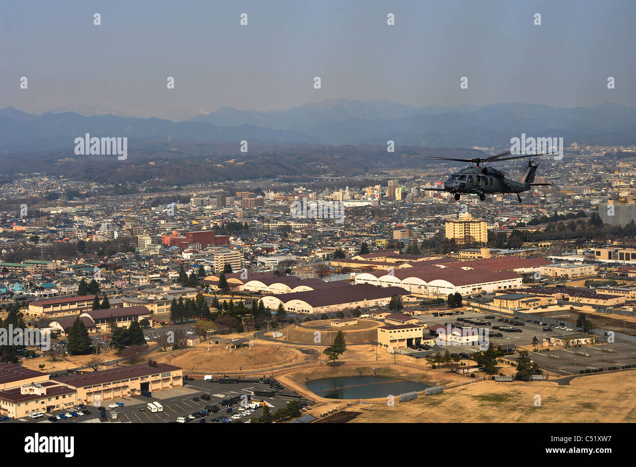 Aerial view of the devastated along the north eastern coast of Japan ...
