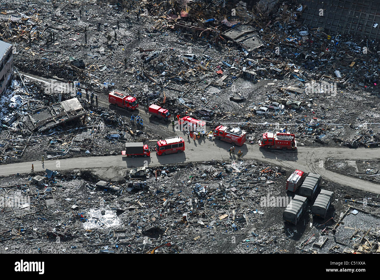 Aerial view of the devastated along the north eastern coast of Japan ...
