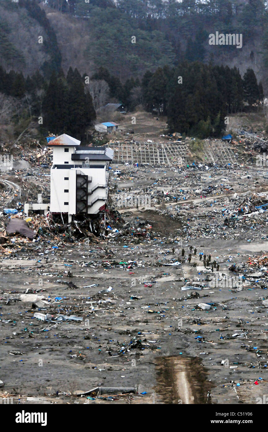 Aerial view of the devastated along the north eastern coast of Japan ...