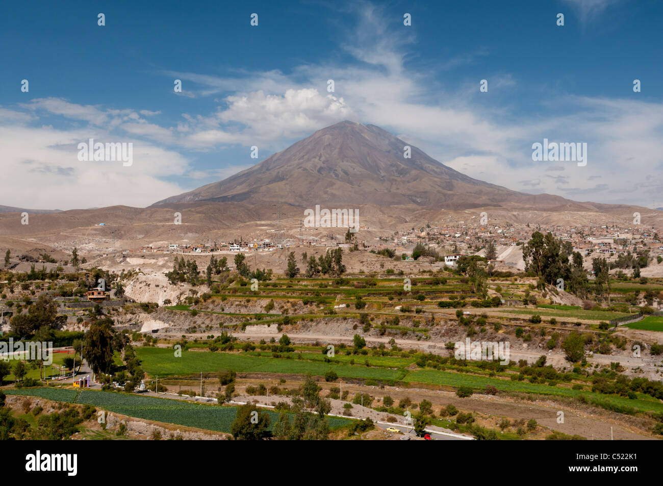 The El Misti volcano with agricultural fields near Arequipa, Peru ...