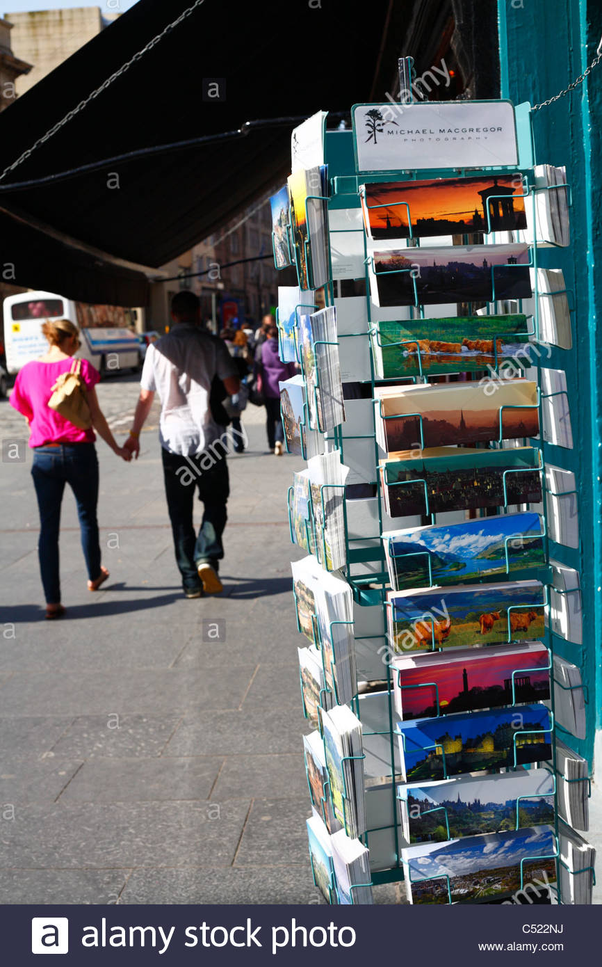 Scottish postcards on rack, Royal Mile Edinburgh Stock Photo - Alamy