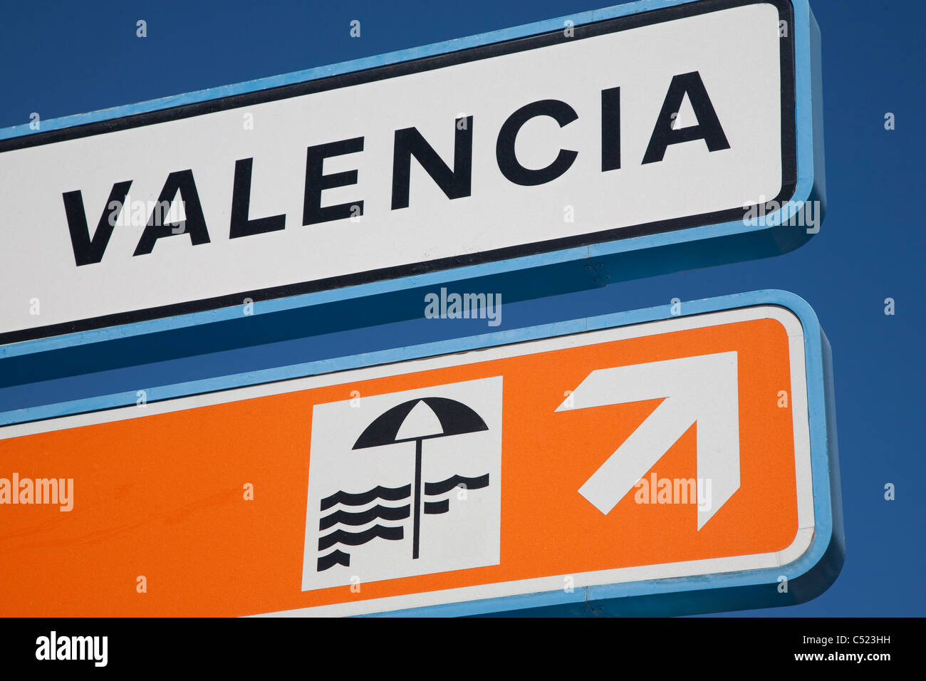 Valencia Beach Sign against Blue Sky Background Stock Photo - Alamy
