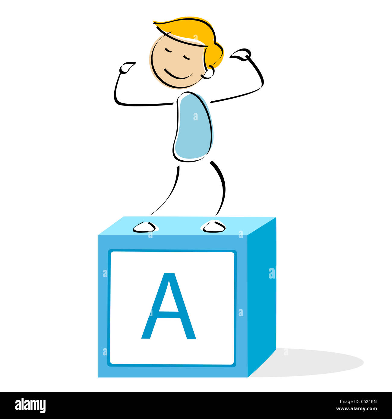 vector illustration of school boy standing on alphabet block against an ...