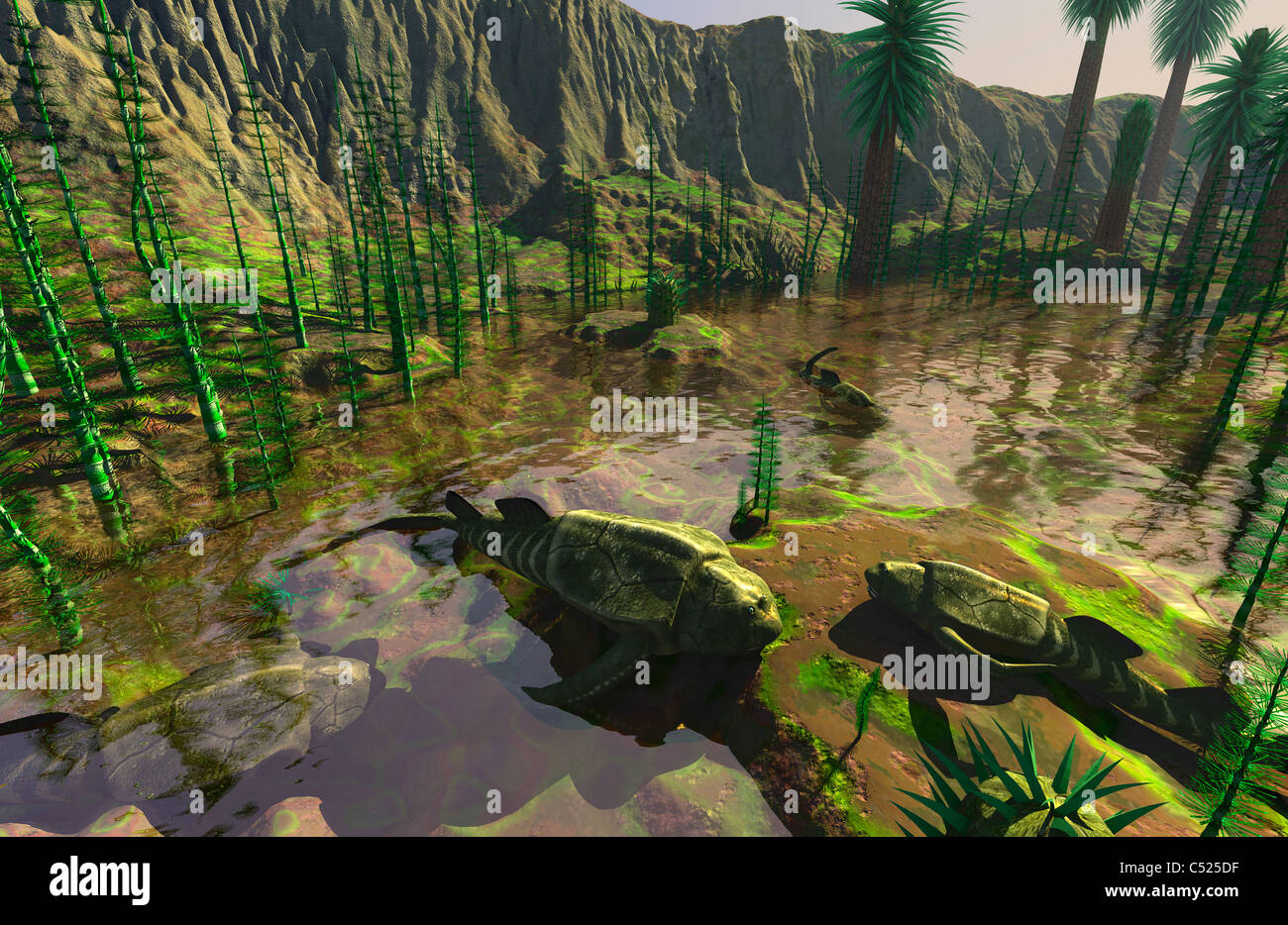 Several Bothriolepis emerge from a shallow tributary onto dry land ...