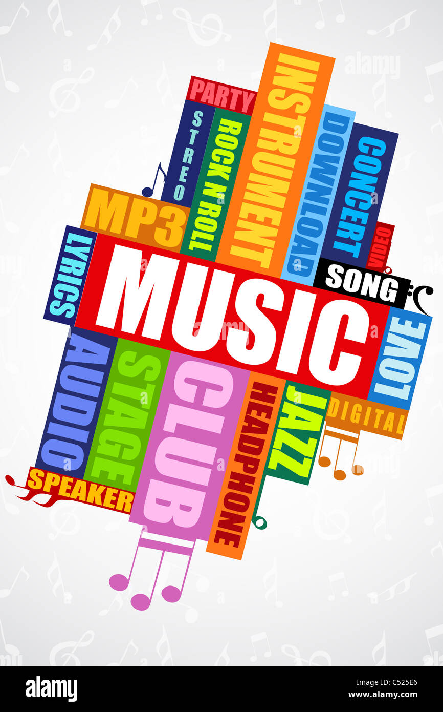 illustration of colorful musical word cloud with musice realted words ...