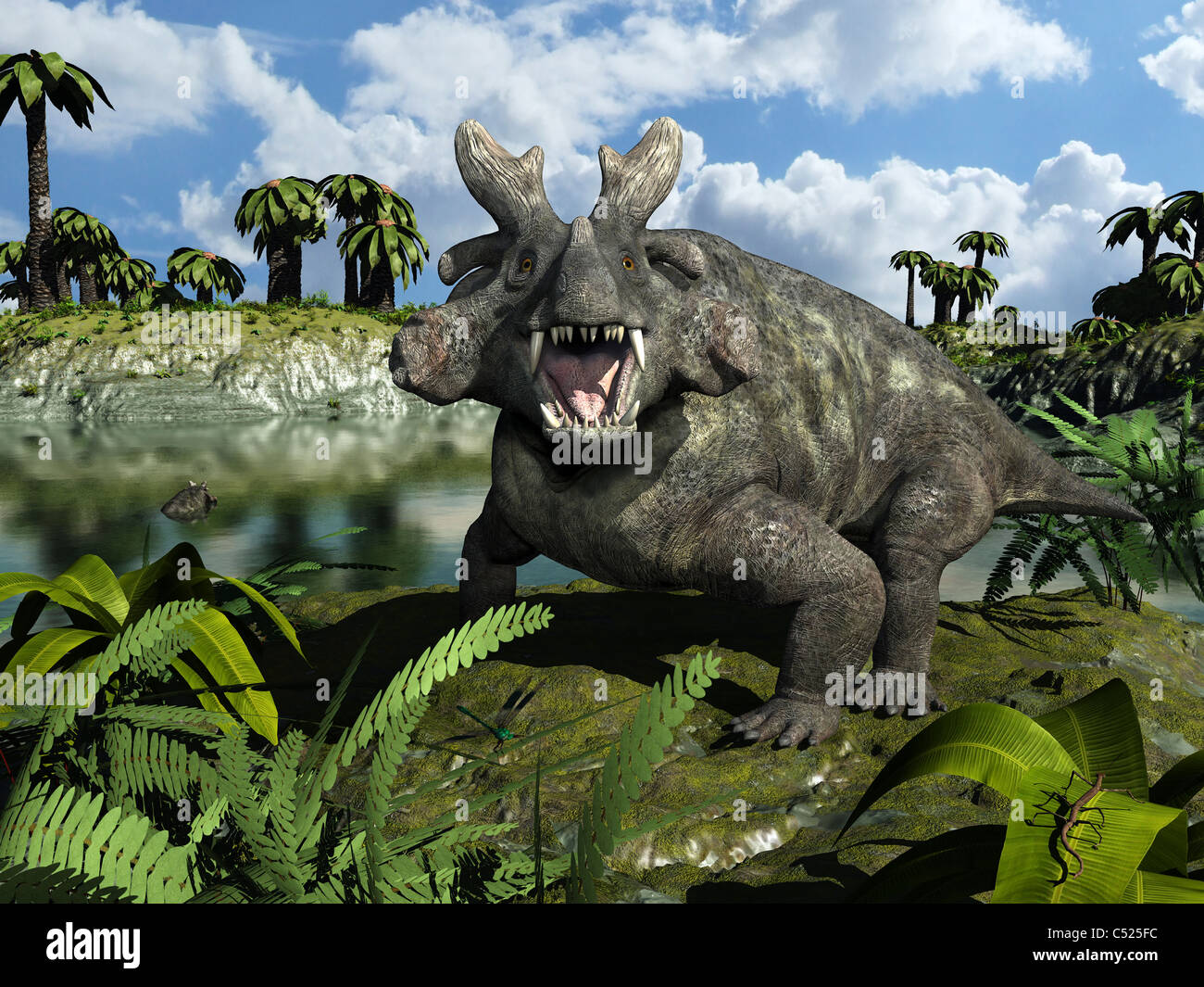 An Estemmenosuchus mirabilis stands before a lake 255 million years ago ...