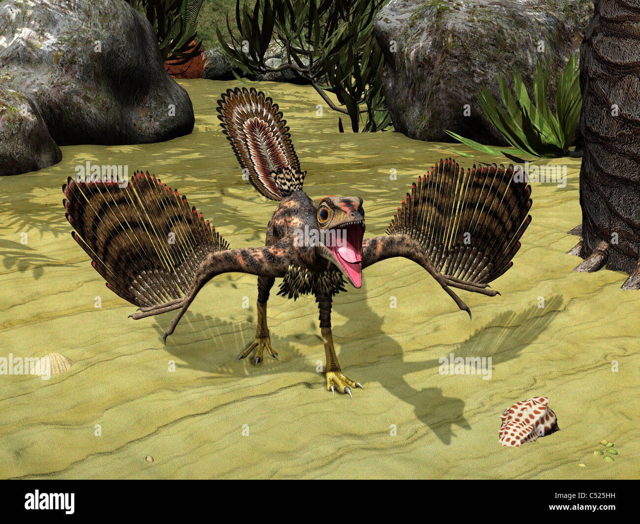 An Archaeopteryx depicted near the shore of the Tethys Sea Stock Photo ...