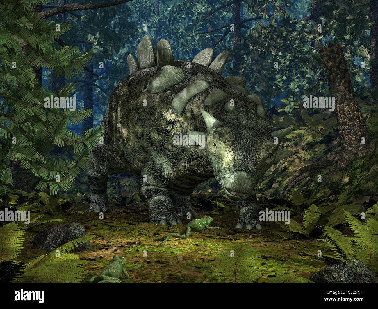 A Crichtonsaurus crosses paths with a pair of frogs within a Cretaceous ...