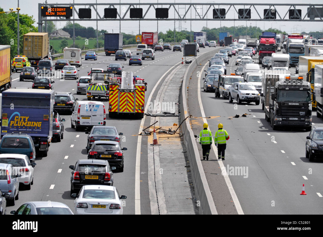 View from above looking down on busy M25 motorway traffic jam emergency ...