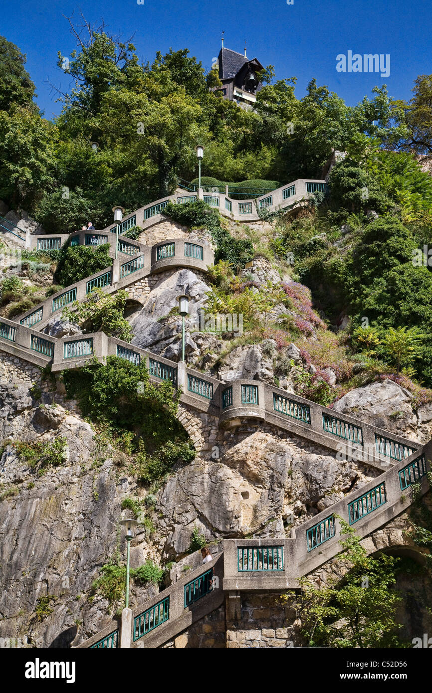 The stairway to Schlossberg overlooking Graz, Austria Stock Photo ...