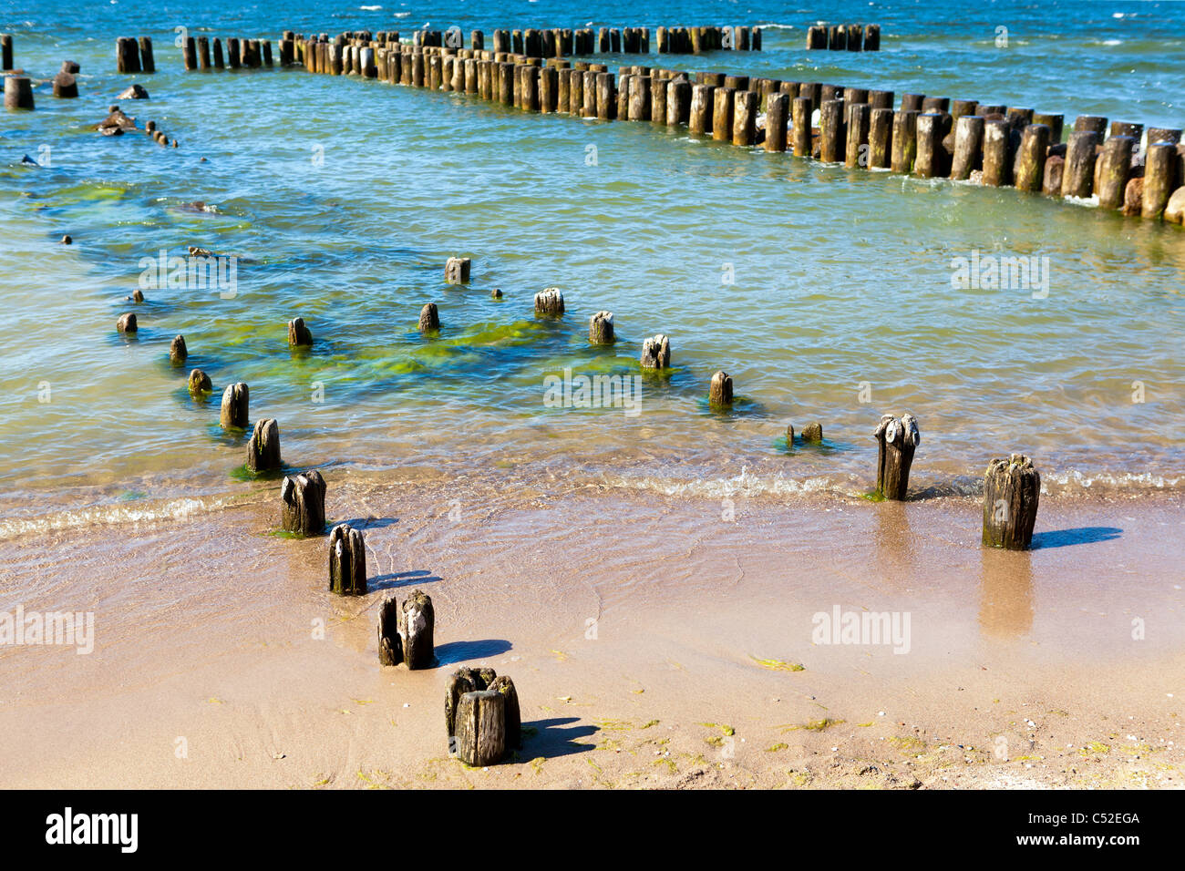 Coast with wooden breakwaters Stock Photo - Alamy