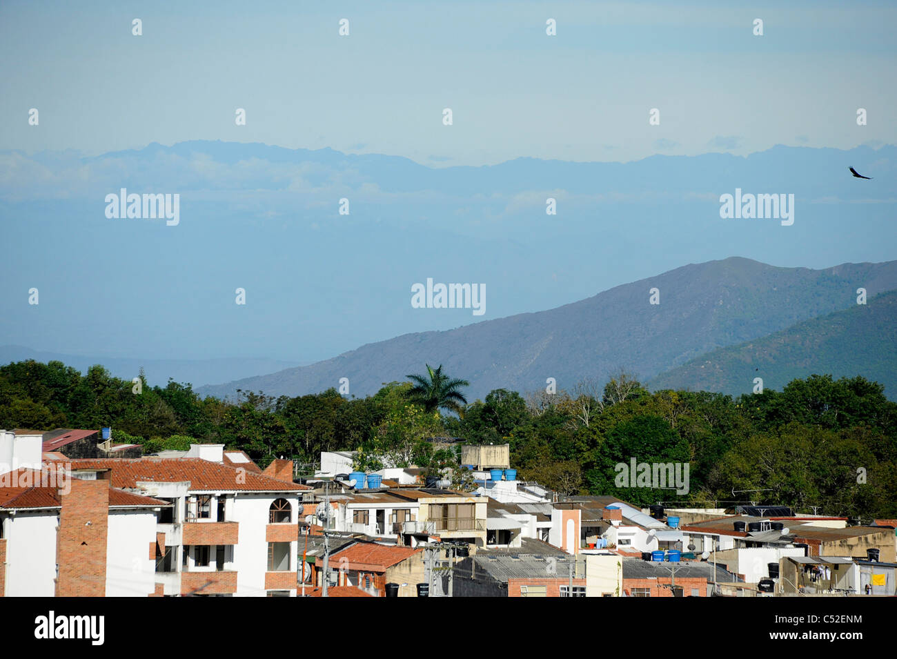 Rooftops and background of trees and mountains in the town of ...
