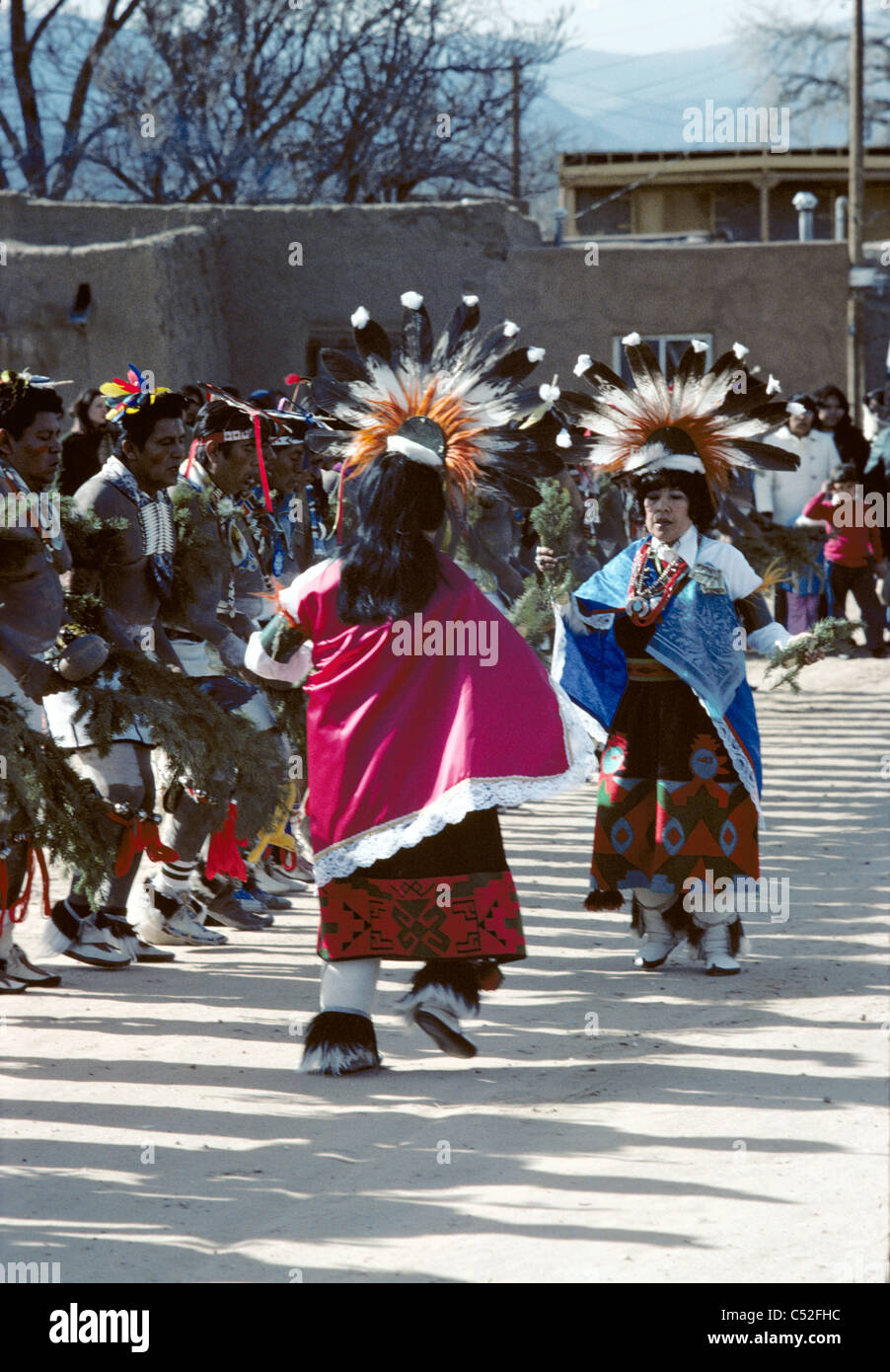 San Juan Pueblo, New Mexico. Indian cloud dancers perform during winter ...