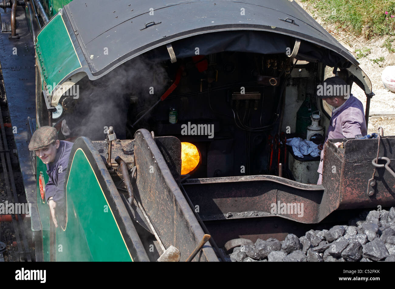 Looking down into the cab of a Lord Nelson class steam locomotive with ...