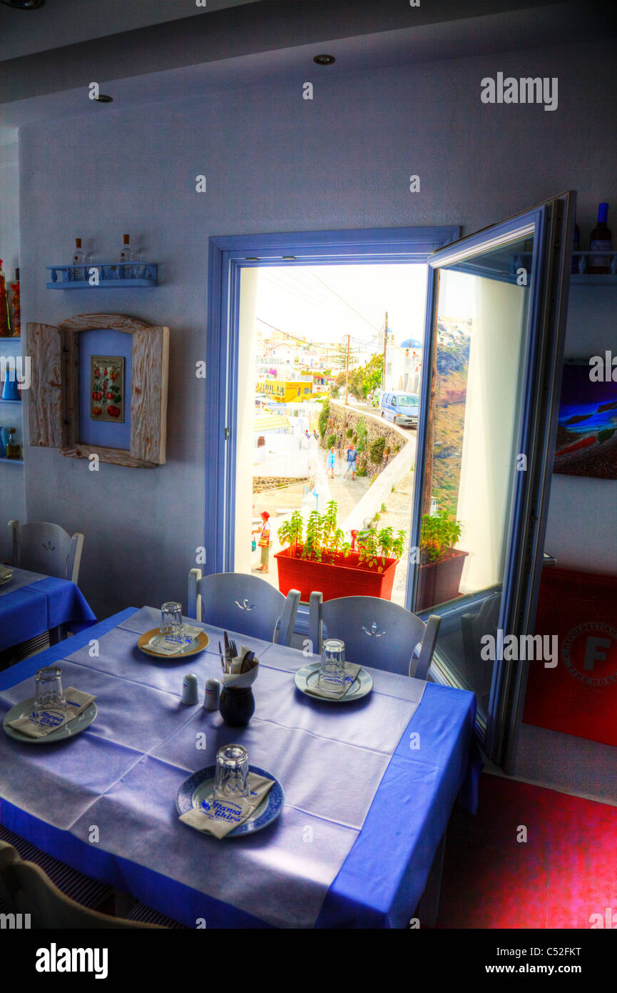 Thira on iconic Greek island of Santorini, typical Greece, view through ...