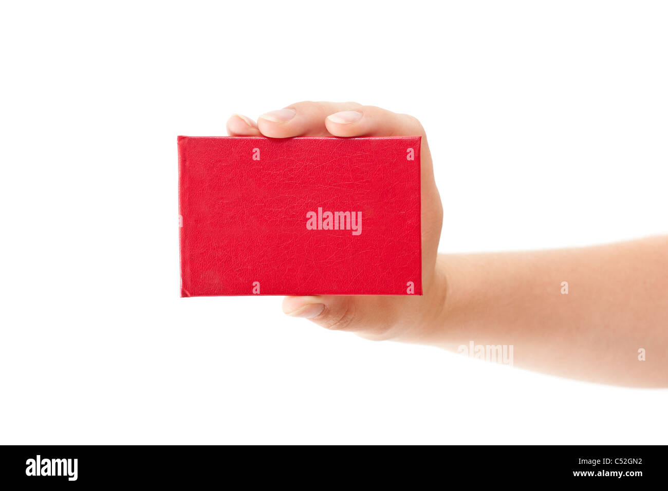 Red card in human Caucasian hand isolated on white background Stock ...